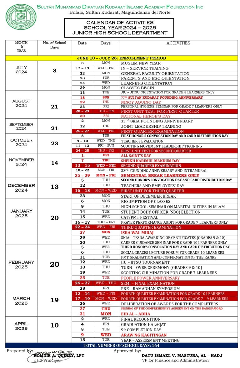 Junior High School Calendar of Activities 2024-2025 – SKIA Official Website