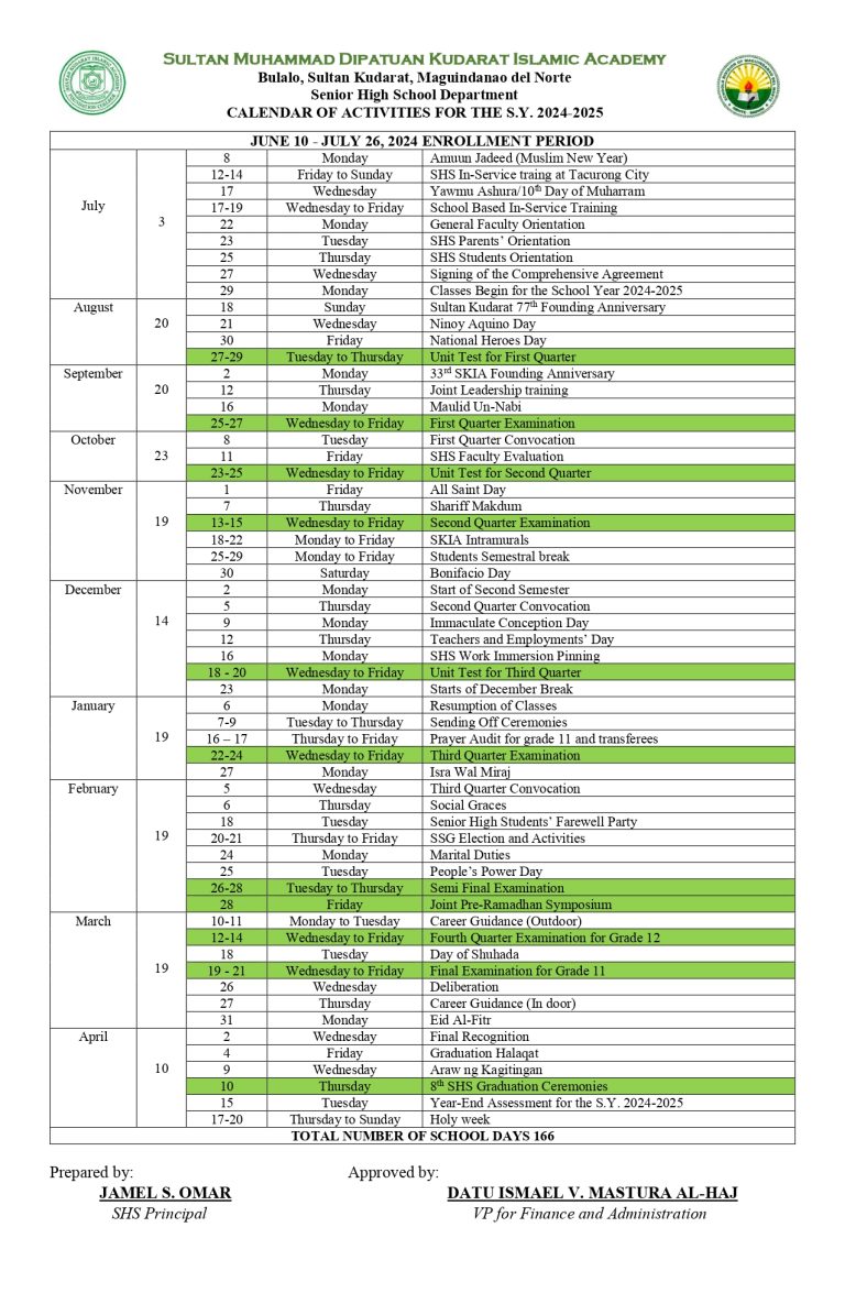 Senior High School Calendar of Activities 2024-2025 – SKIA Official Website